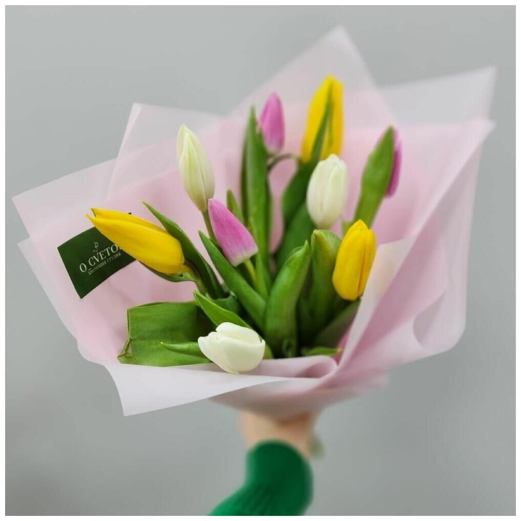 Букет "9 тюльпанов", круглый, пленка, 9 штук, высота 45см, букет свежих цветов