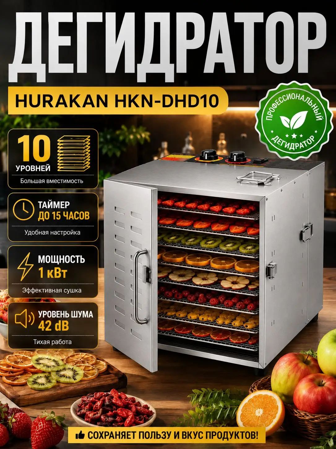 Сушилка для овощей и фруктов HURAKAN HKN-DHD10 электрическая, профессиональная, 10 уровней, 1 кВт-