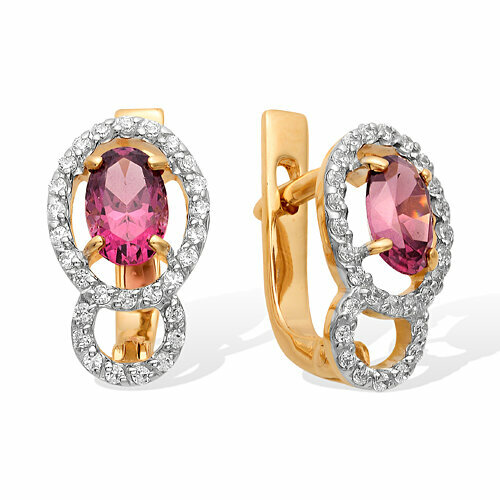 Серьги, золото, 585 проба, родолит, фианит