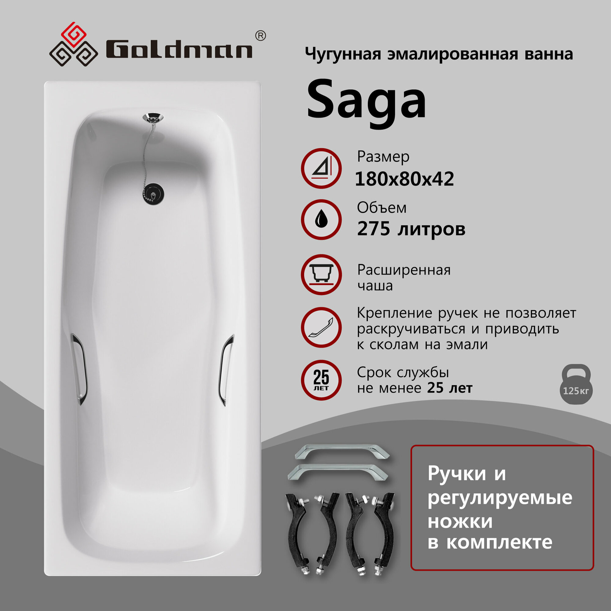 Чугунная ванна Goldman Saga 180x80x42 с квадратными хромированными ручками