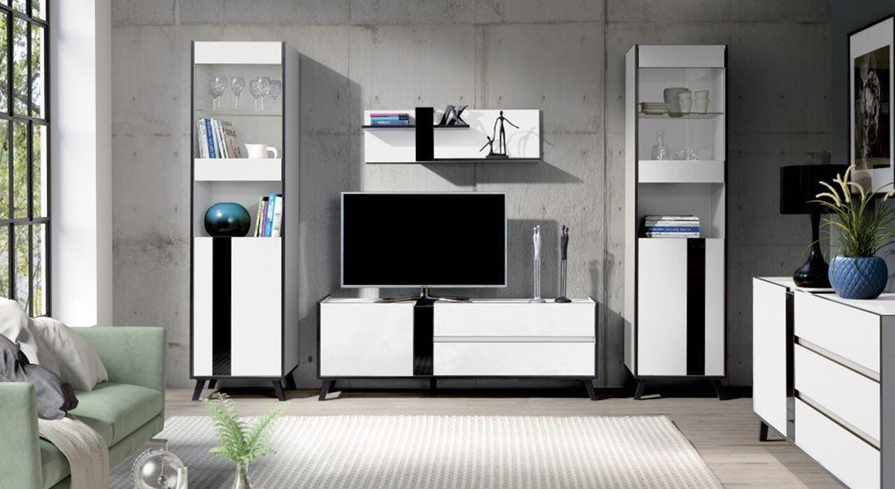 Модульная гостиная Августа 3 Белый 101/ Черный 190 NEW 250x40x192 см, белый, черный GOODFORM