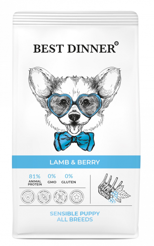 Сухой корм Best Dinner Sensible для щенков с 1 месяца, беременных и кормящих собак, с ягненком и ягодами, 1,5 кг