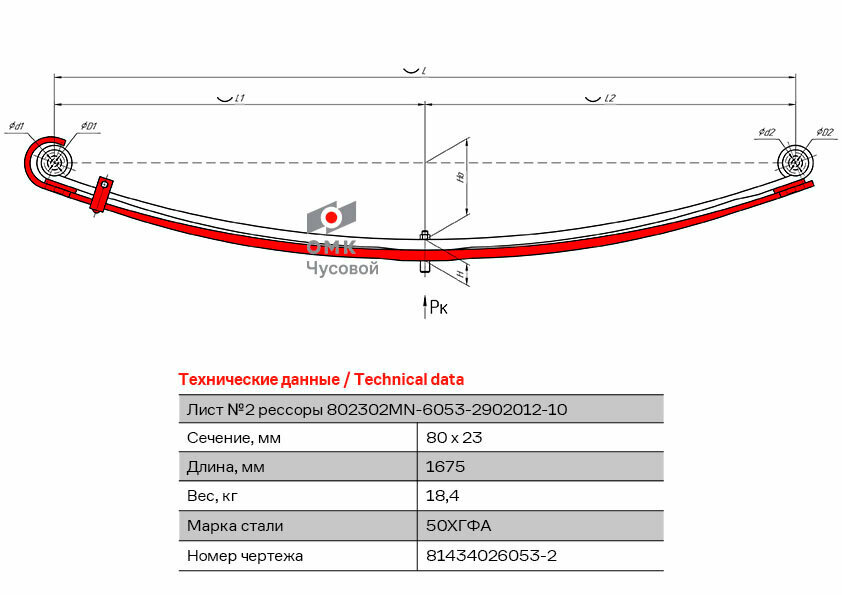 Лист №2 Рессора передняя для MAN L2000 2 листа