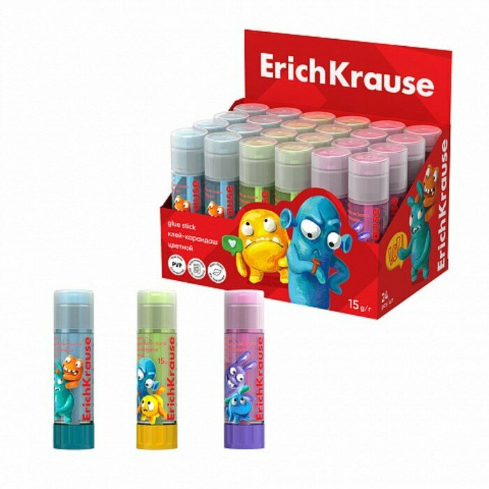 ErichKrause Клей-карандаш, ErichKrause EasyStick Jolly Friends, PVP, цветной, экономичный расход, 15 г, микс
