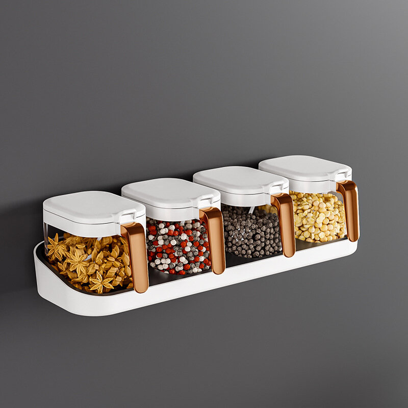 Набор для специй для домашней кухни, настенный набор для специй, 4-х местный контейнер для хранения с ложкой, комбинация наборов для приправ