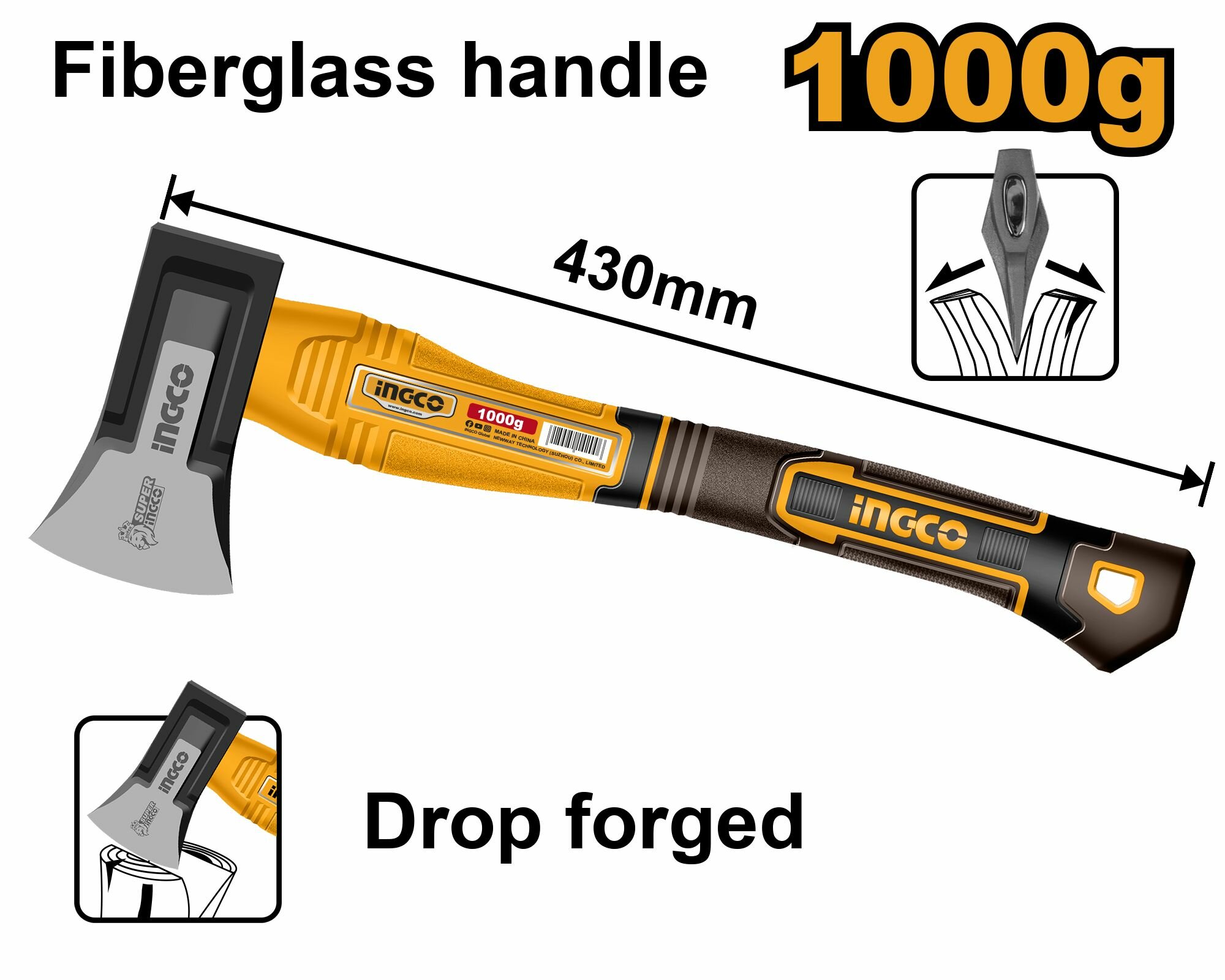Топор-колун с фиберглассовой рукояткой 1000 гр. SUPER INGCO HAX0811000F