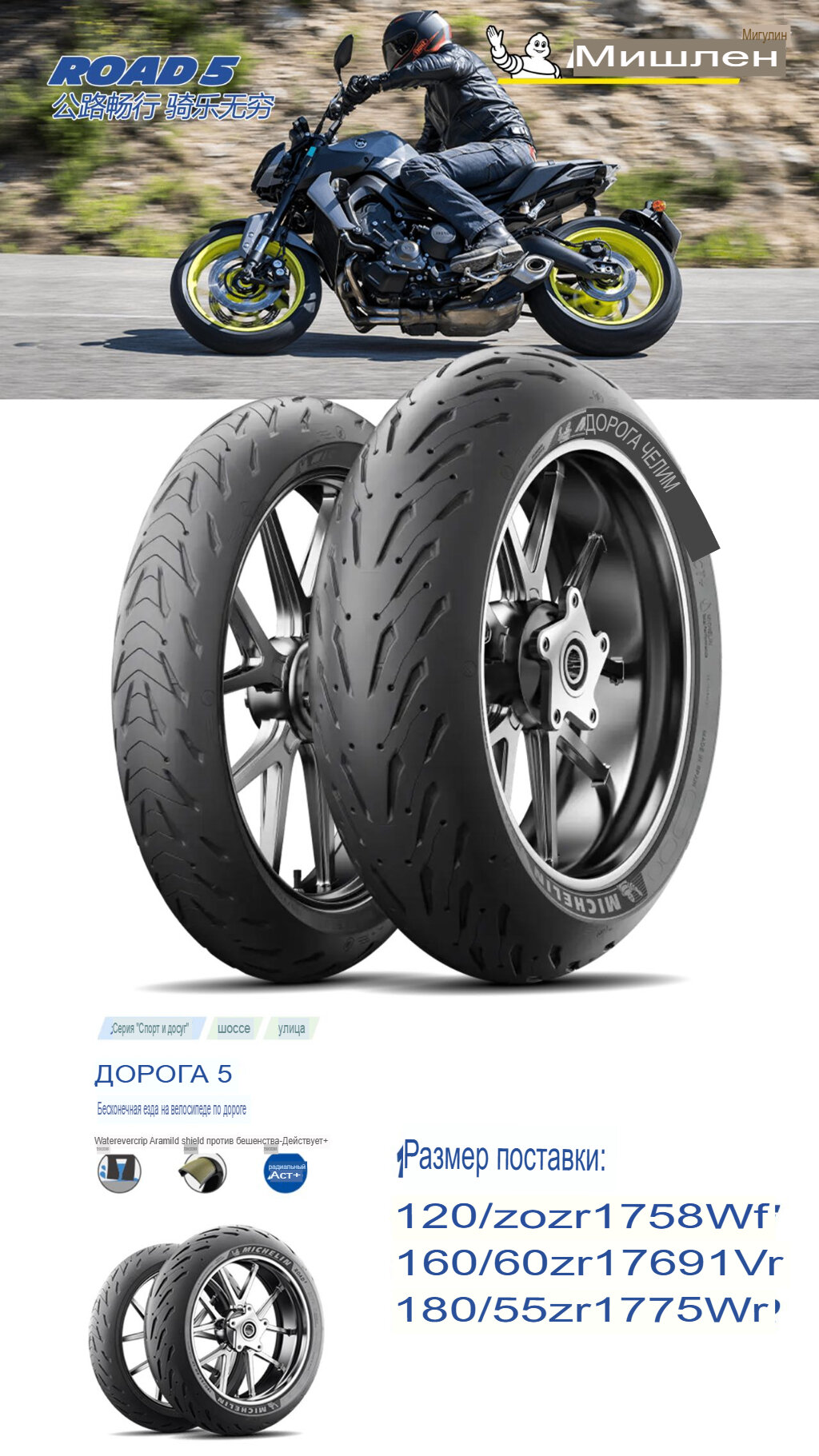 Мотоциклетные шины Michelin Road5 180-55-R17. Заднее колесо