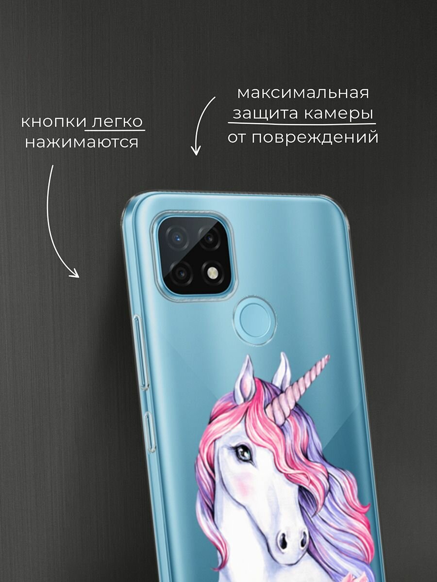Чехол на Realme C21 / Реалми С21 с принтом "Единорог с пионами", прозрачный — фото 1