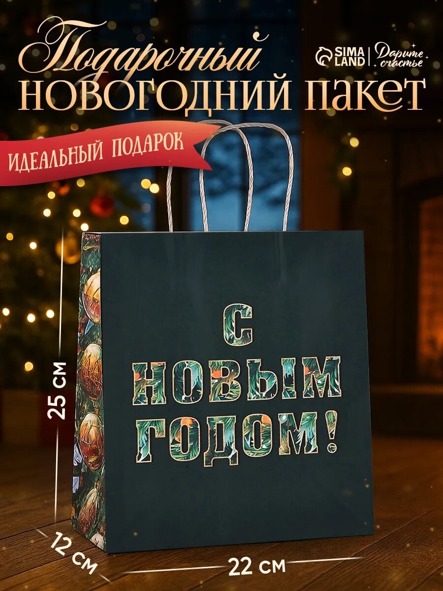 Подарочный пакет новогодний «Ёлочные игрушки», белый крафт, 22 х 25 х 12 см, для упаковки подарка на Новый год