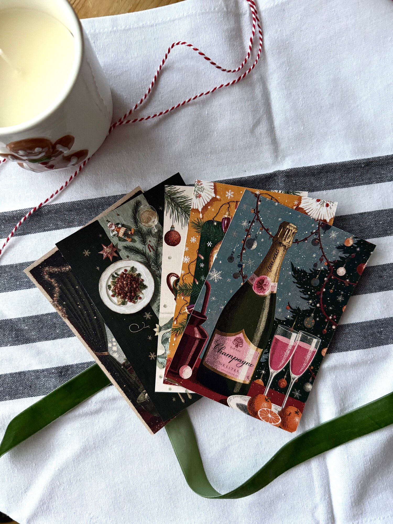 Новогодние открытки "Застолье", двусторонние, авторские, 5 штук