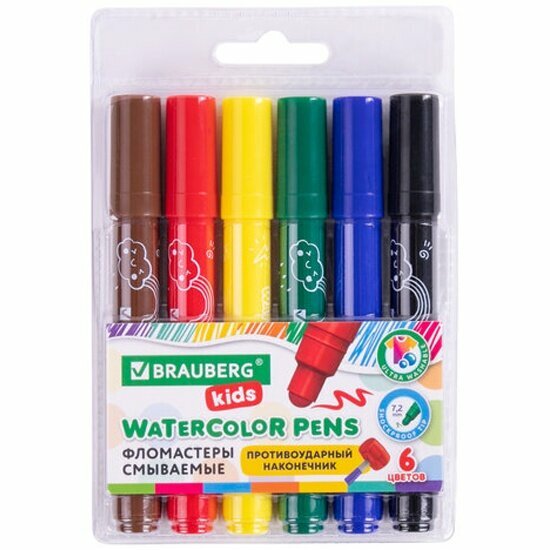 Фломастеры Brauberg смываемые детские, противоударный наконечник, 6 цветов, KIDS, ПВХ-упаковка с европодвесом, 152178