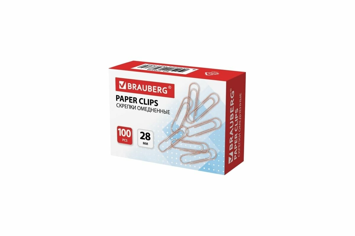 BRAUBERG комплект 10 упаковок по 100 шт. Скрепки 28 мм, омедненные, в картонной коробке 270448