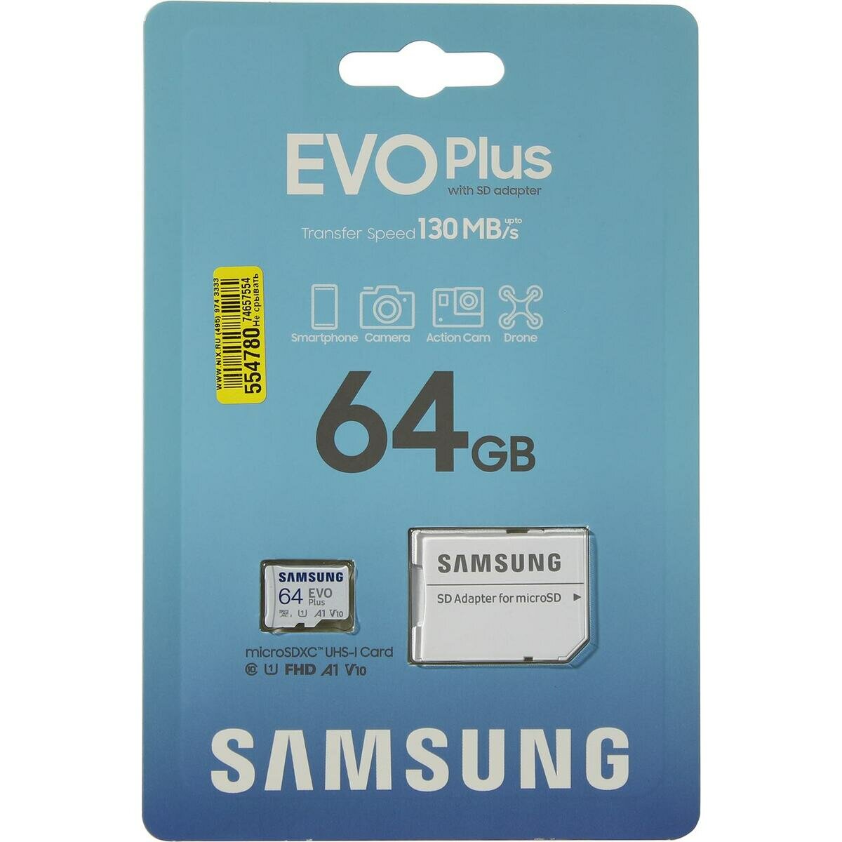 Samsung EVO Plus microSDXC Memory Card 64Gb Class10 UHS-I U1+microSD--> SD Adapter
