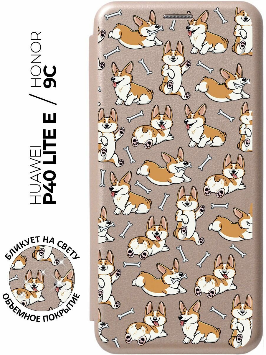 Чехол-книжка Corgi Pattern на Honor 9C / Huawei P40 Lite E / Хуавей П40 Лайт Е / Хонор 9С с 3D эффектом золотой
