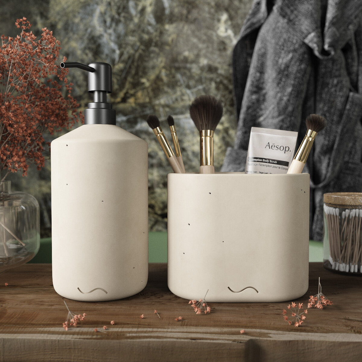 Набор для ванной Astrid 18 (дозатор для жидкого мыла 0,4 л, двойной стакан для зубных щёток) бетон, кремовый матовый