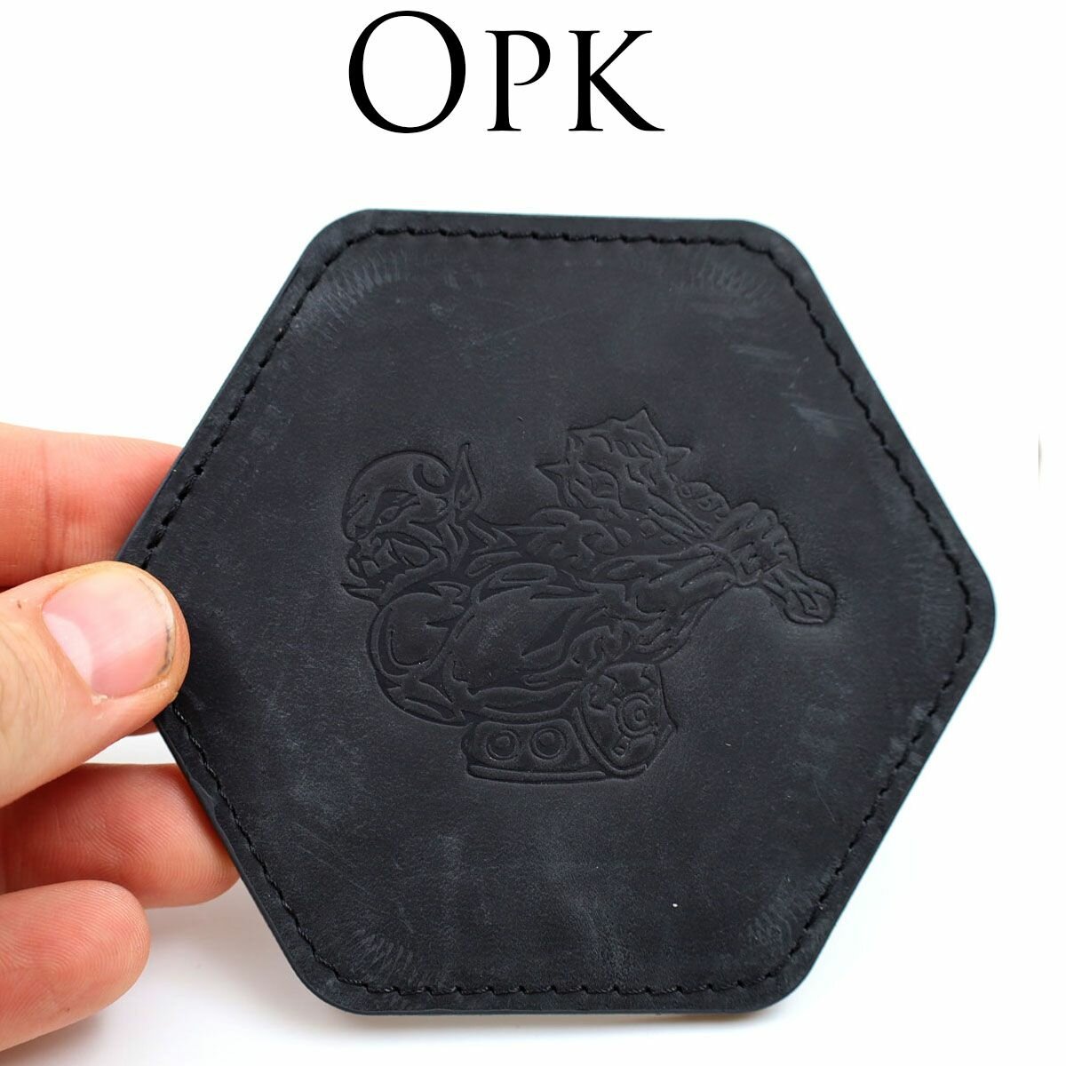 Кожаный подстаканник - бирдекель, подставка под кружку в виде гекса c тиснением "Орк", Corbett Orc Noir, J.Audmorr