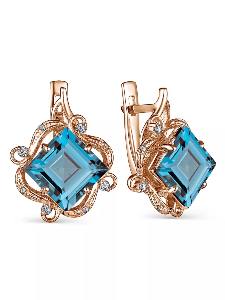 Серьги, красное золото, 585 проба, топаз, бриллиант