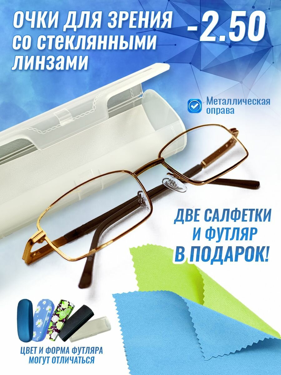 ОЧКИ-2,50 с футляром, стеклянные корректирующие линзы, металлическая оправа, классический дизайн