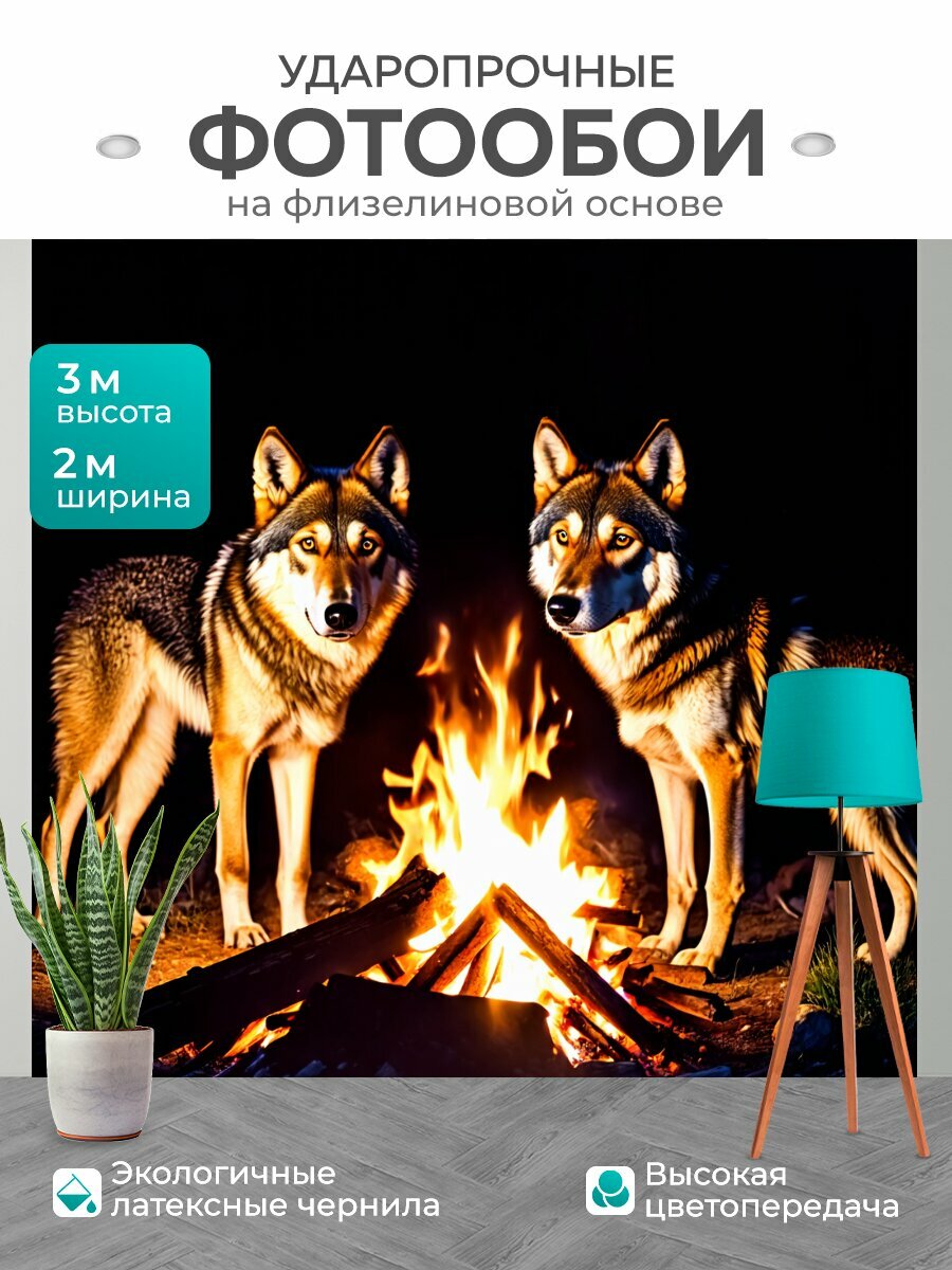 Фотообои моющиеся ударопрочные "Волки у костра в темноте ночи" 300x300 см. флизелиновые на стену