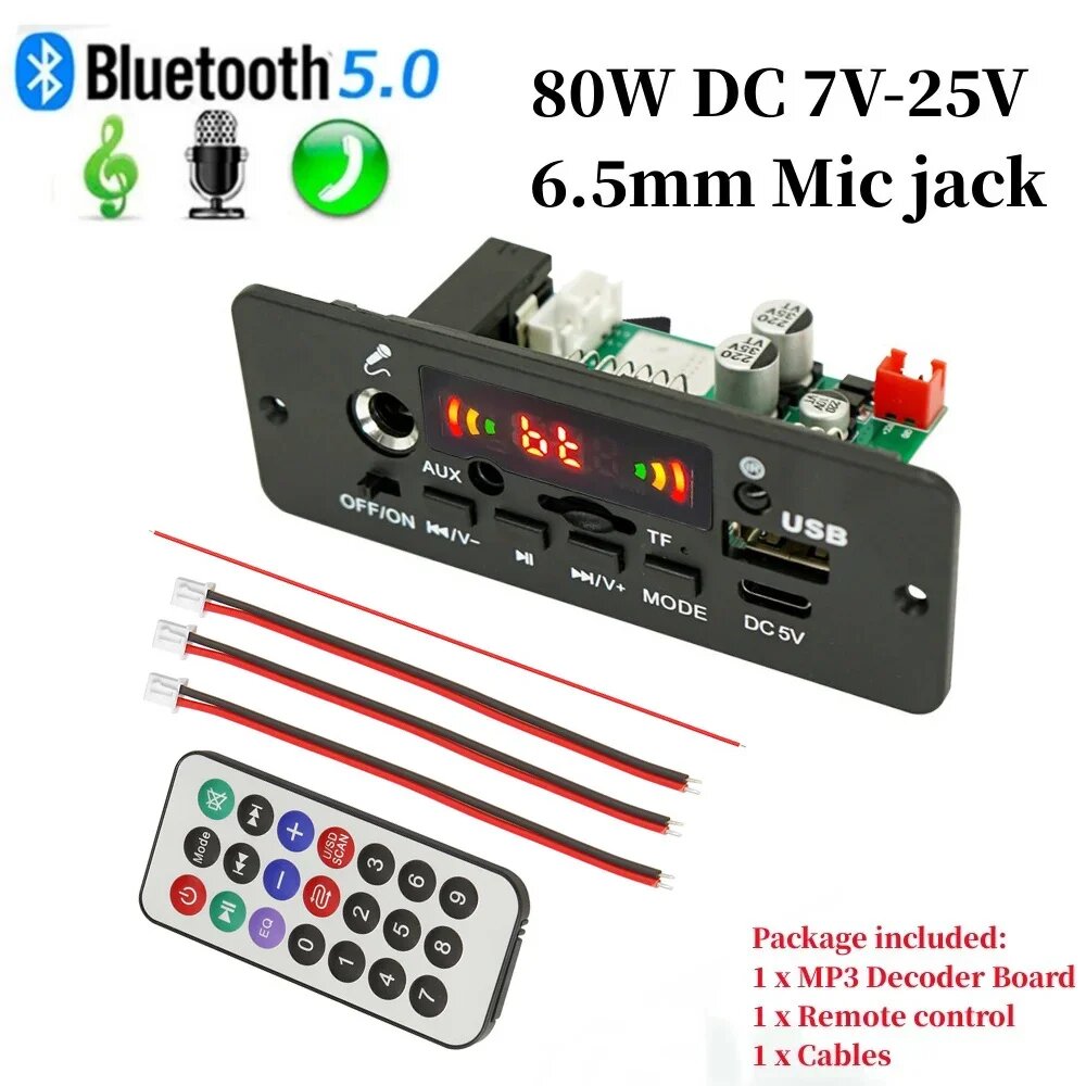 Bluetooth 5.0 MP3 Decoder Board 80W 6.5mm Mic jack, Small remote control