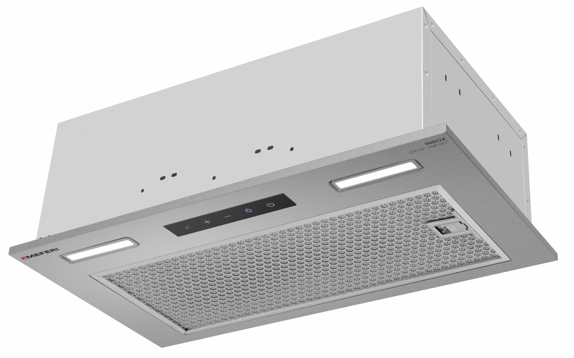 Вытяжка кухонная MEFERI INBOX52IX SENSOR COMFORT на 52 см встраиваемая, серая, производительность 950 м3/ч, 3 скорости, низкий уровень шума, режимы отвод и рециркуляция, сенсорное управление, пульт ДУ