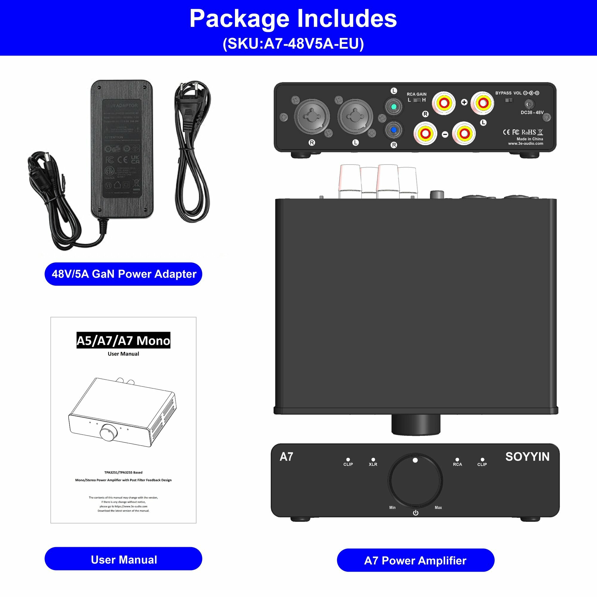 3e Audio Next-gen A5 A7 Стерео моно HiFi усилитель с улучшенным PFFB TPA3255 TPA3251 Профессиональный усилитель A7-48V5A-EU