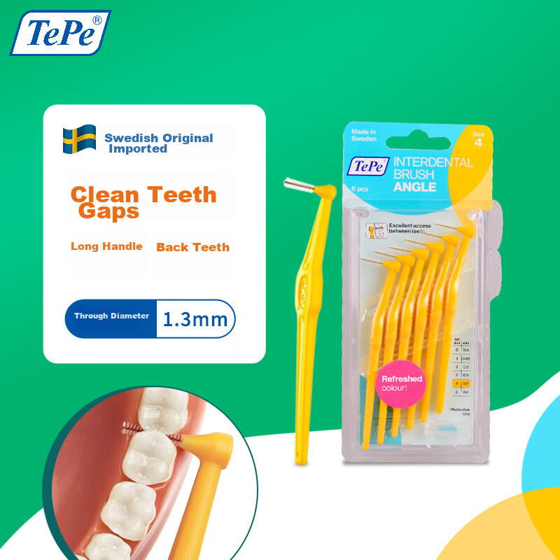 Tepe Swedish Imported Interdental Brush, Orthodontic Floss Pick, Long Handle L-Shaped (0.7mm), Yellow, for Cleaning Between Teeth And Gaps