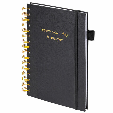 Бизнес-тетрадь на гребне А5 148х216 мм, BRAUBERG "Calipso" под кожу, резинка, клетка, 80 л, черная, 116252