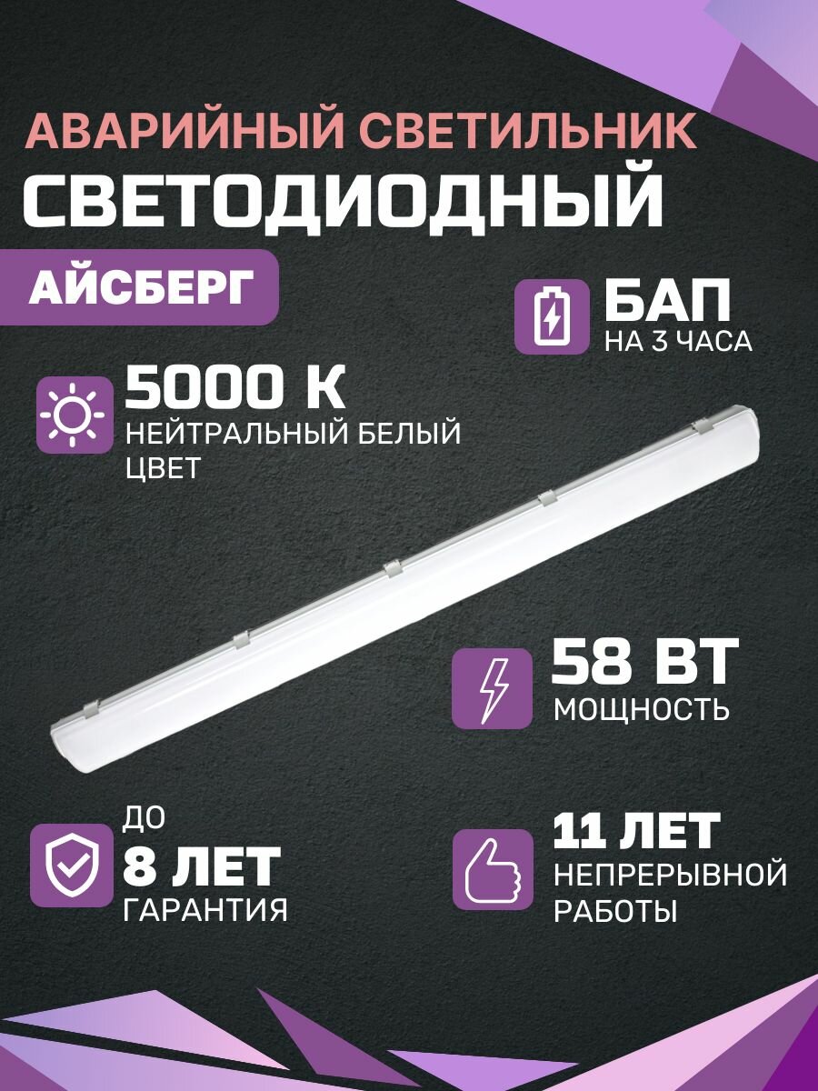 Аварийный светодиодный светильник айсберг 58Вт, 5000K, опал, 7250Лм, БАП на 3 Часа, IP65
