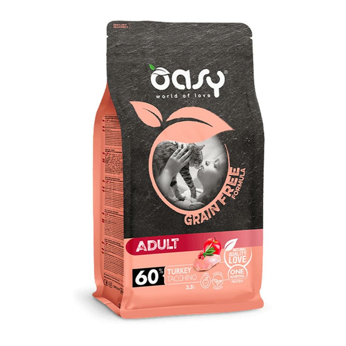 Полнорационный сухой корм для взрослых кошек Oasy Dry Cat Grain Free Adult Turkey, беззерновой с индейкой 1,5 кг