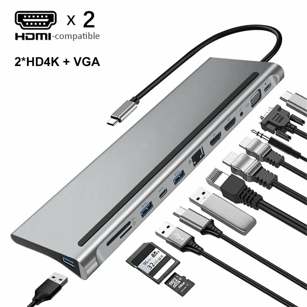 Док-станция с концентратором USB Type C Совместимая с HDMI док-станция с адаптером Rj45, подходит для ноутбуков Macbook, Mac Mini, 12-в-1, 2xHD4K VGA