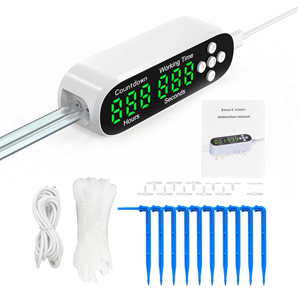 Устройство для автоматического полива с контроллером, таймером для полива, система капельного полива для 10-20 горшковых растений, цветов, белый цвет, материал ABS, входное напряжение 5В, диапазон обратного отсчета 1-999 часов, диапазон рабочего времени