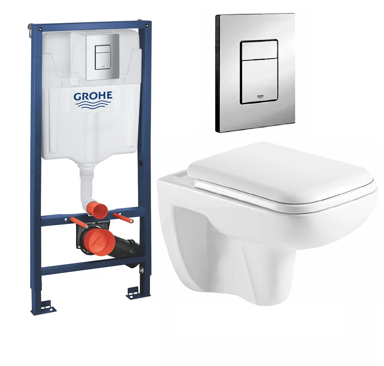 Комплект ПЭК унитаза с сиденьем микролифт 35x55x37.5 и инсталляцией GROHE Rapid SL с квадратной кнопкой хром 38772001