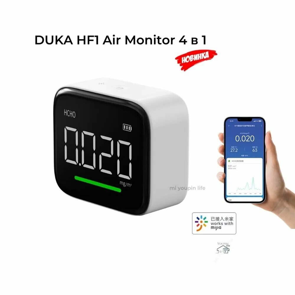 Анализатор качества воздуха Xiaomi DUKA HF1 Air Monitor 4 в 1 (формальдегид, температура, влажност, часы) MiHome APP, Белый