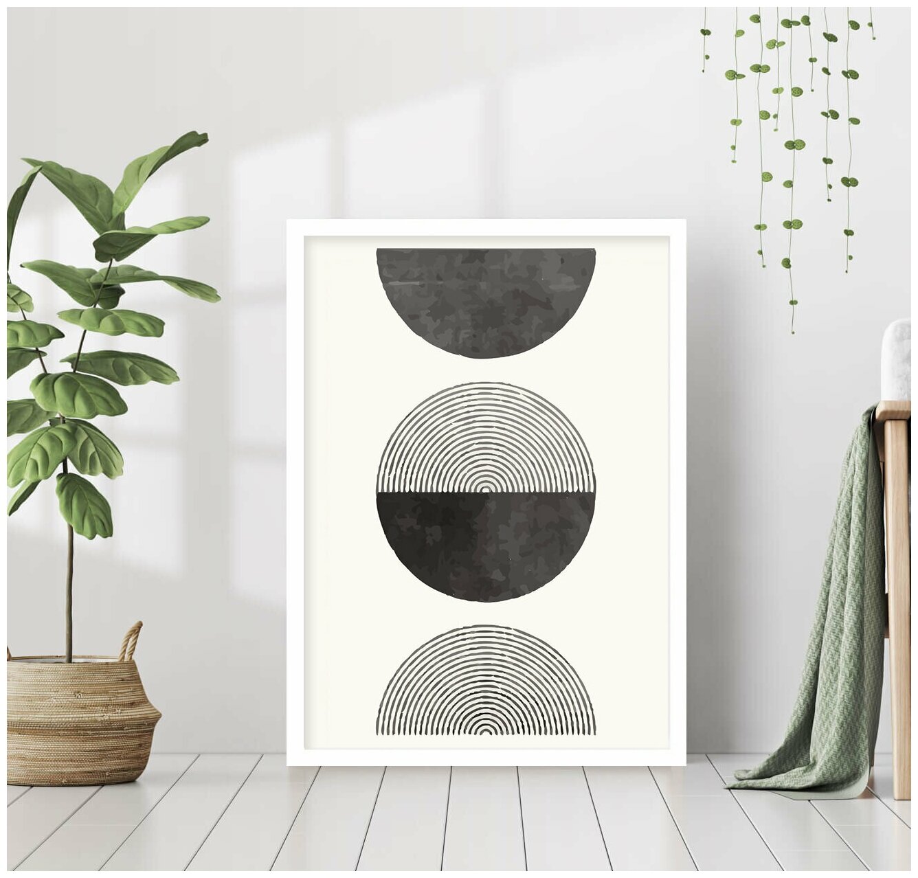 Постер "Абстракция черно белая, линейный рисунок, минимализм, линии, шар, полукруг" 40х50 в белой рамке для интерьера на стену