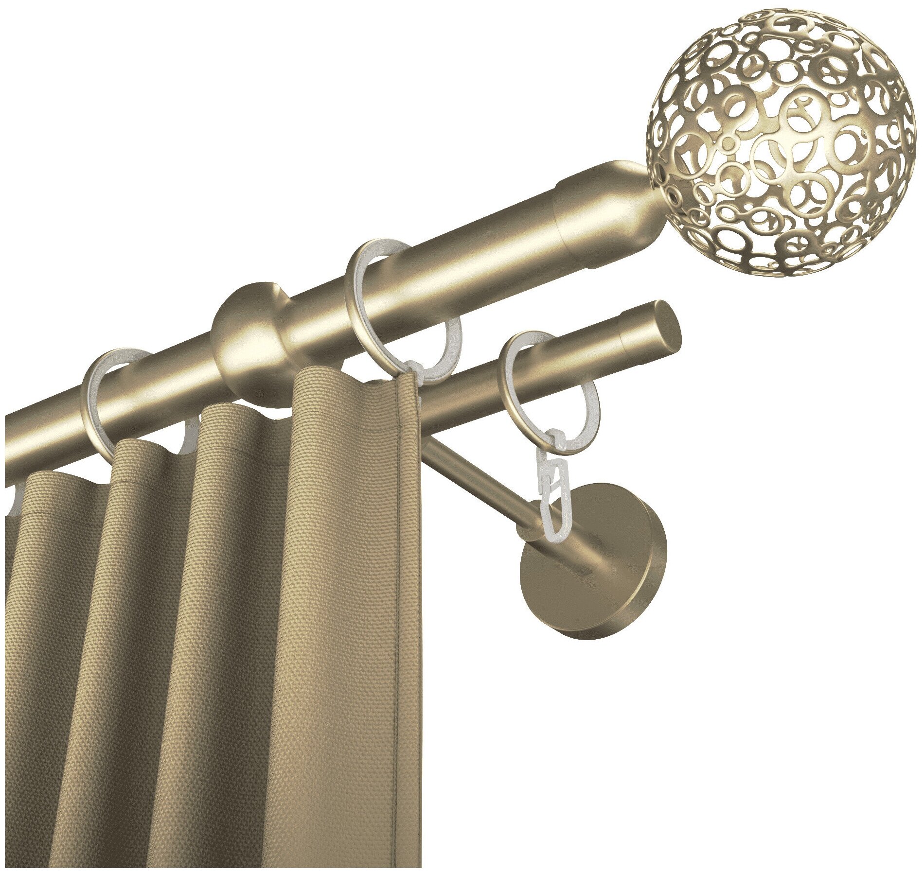 Карниз двухрядный 200 см шампань наконечник Шар Ажурный D20 и 16 мм Уют ОСТ, Единой длины