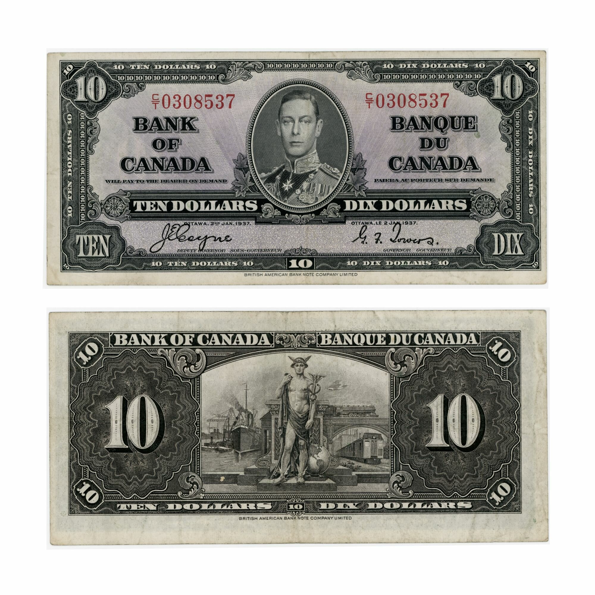 Банкнота Канада 10 долларов TEN DOLLARS 1937 год (VF-F) Pick 61