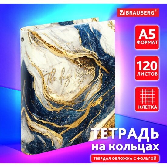 Тетрадь Brauberg на кольцах А5 175х215мм, 120л, твердый картон, фольга, клетка, , Style, 404719