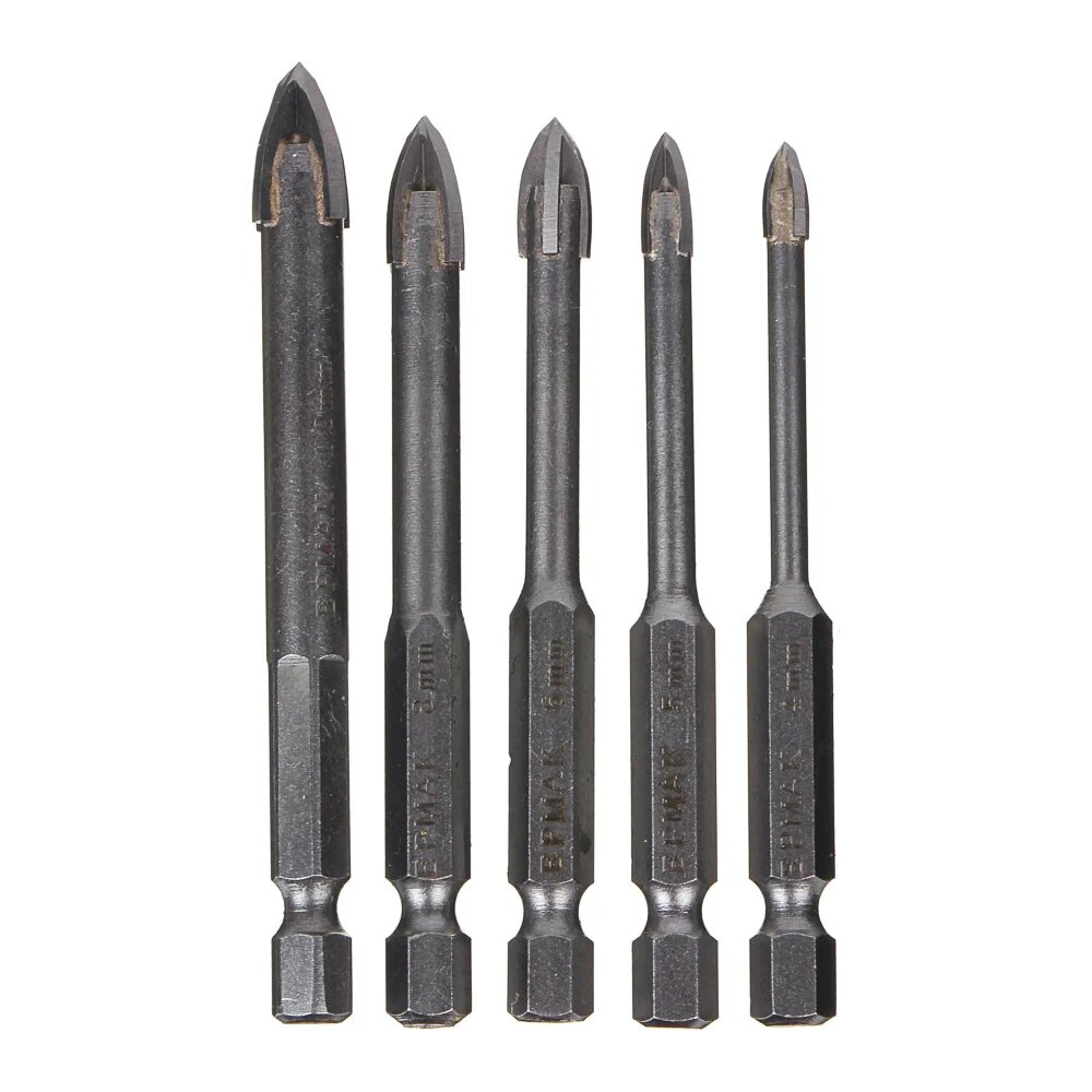 Набор сверл по кафелю/керамике/стеклу (5 шт; 4/5/6/8/10 мм; 4 режущих лезвия; 6-гранный хвостовик) ермак 602-162