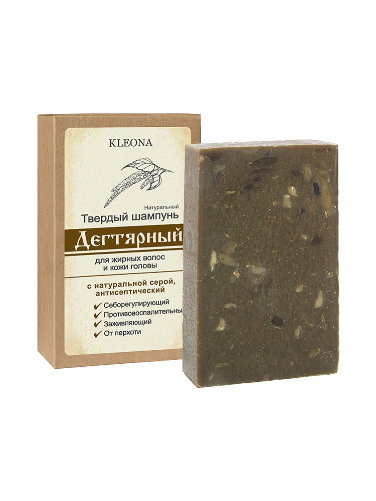 Твердый шампунь для волос KLEONA "Дегтярный, с натуральной серой, антисептический, 85 гр.