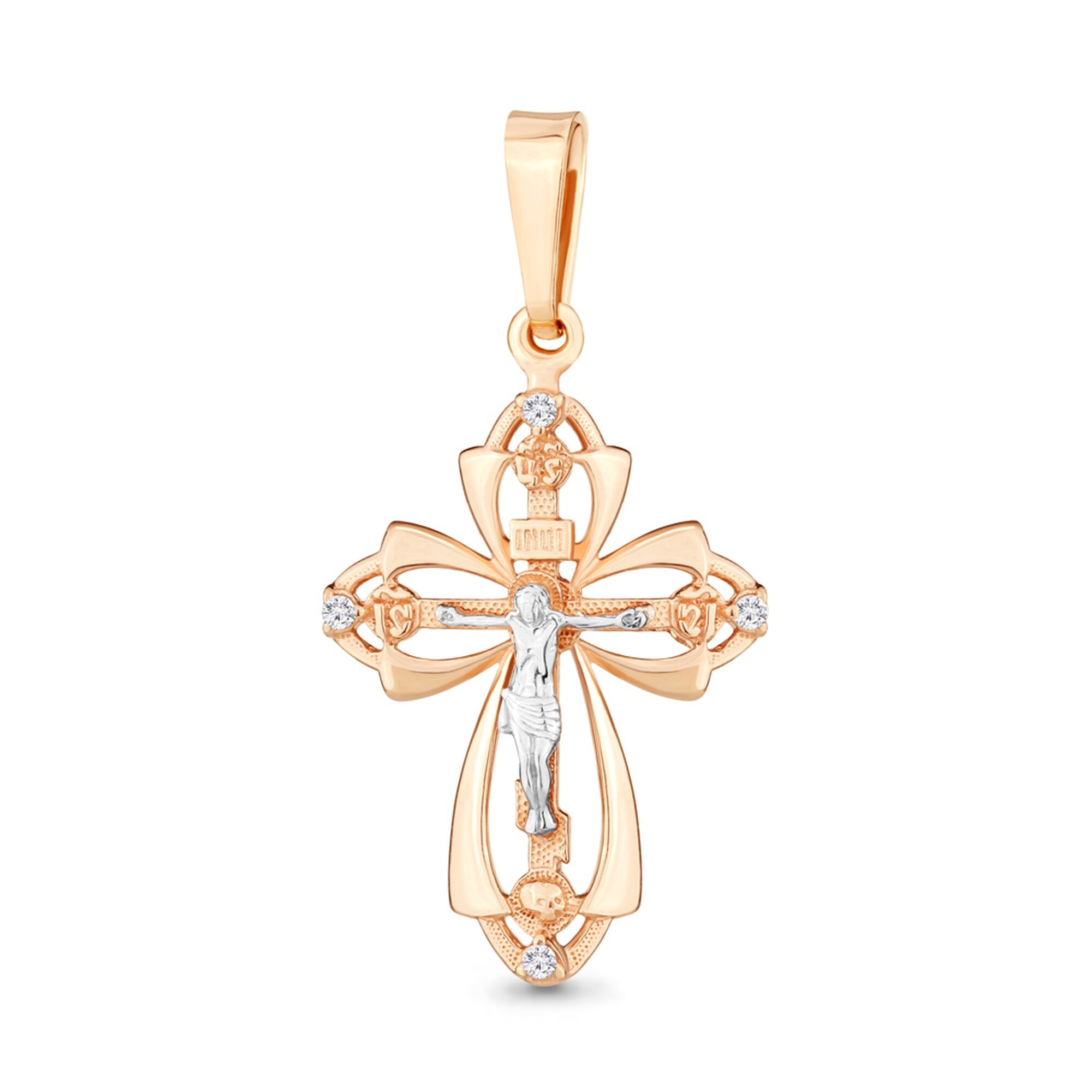 Крестик, красное золото, 585 проба, фианит