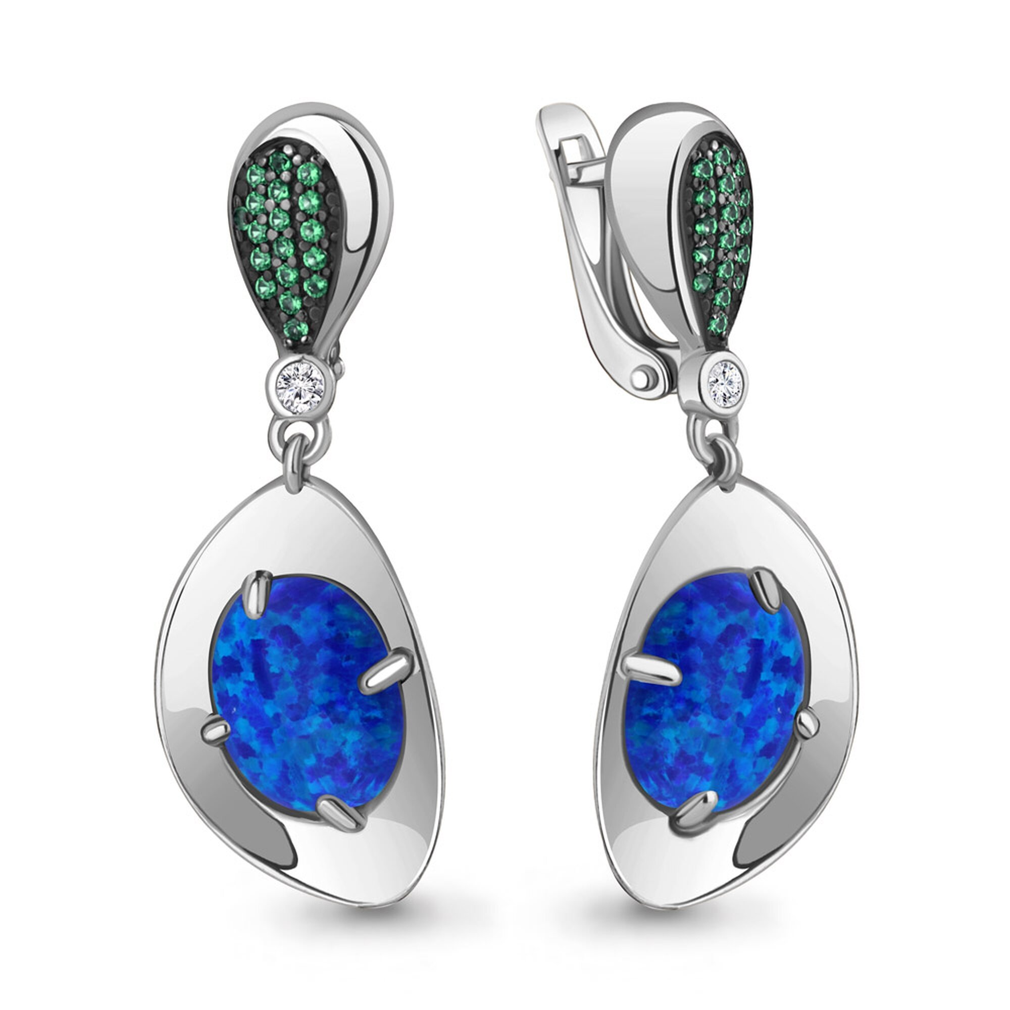 Серьги, серебро, 925 проба, родирование, фианит, изумруд синтетический, опал