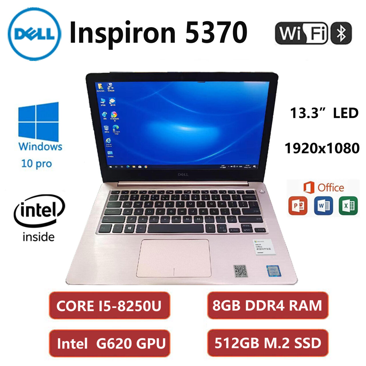 Подержанный ноутбук 13.3 inches DELL Inspiron 5370 ( CORE I5-8250U+1X8GB DDR4 2400 RAM+512G M.2 NVME SSD+Intel UHD 620 Видеокарта+1920X1080 IPS 4K) Win 10 pro