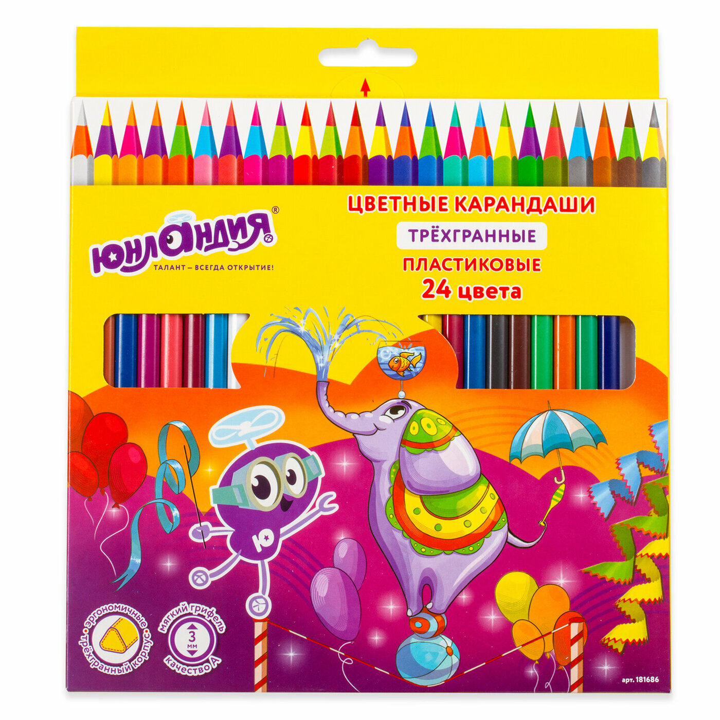 Карандаши цветные Юнландия "Карнавал", 24 цвета, пластиковые, заточенные, трехгранный корпус (181686)