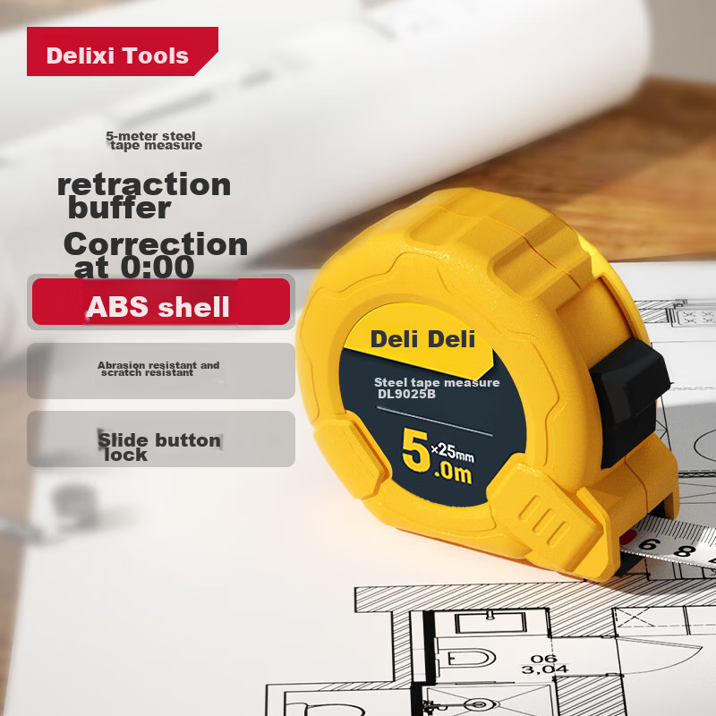 Deli 5-Meter Steel Tape Measure, Box Measure, Carpenter's Ruler, Retractable Ruler, Meter Ruler, Metric Ruler, Renovation, 25mm Wide Measuring Plastic Case Ruler