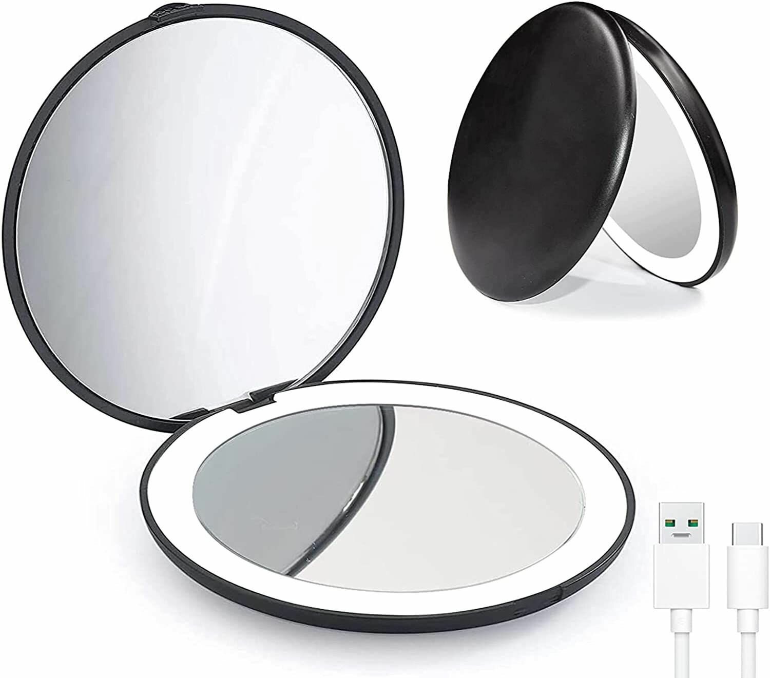 Дорожное зеркало с увеличением 1/10, перезаряжаемое светодиодное карманное зеркало, двухстороннее, складное, для рук, круглое, со светом, подходит в качестве подарка