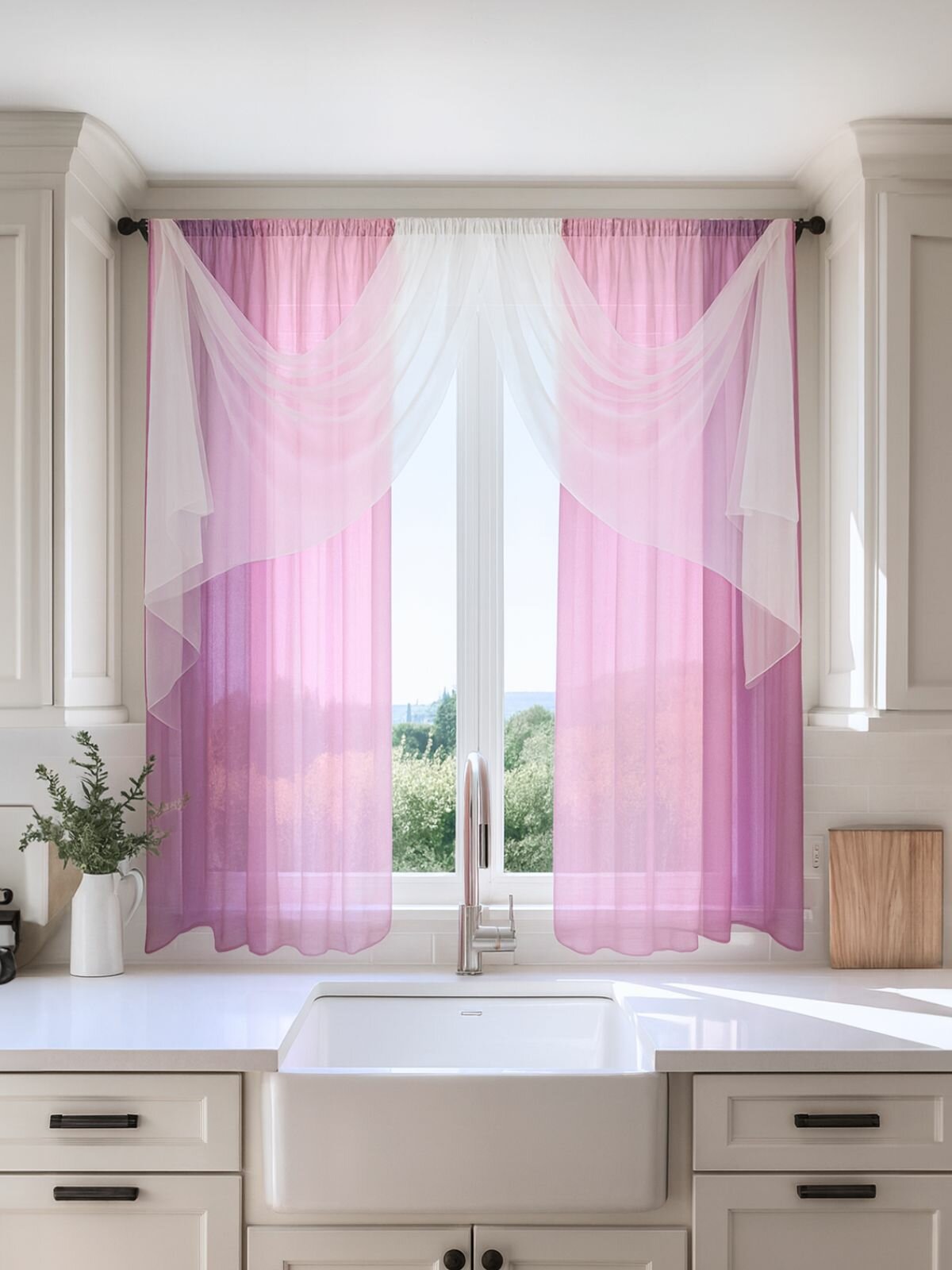 Шторы для кухни короткие комплект Домтекс35 "Радуга" виноградный/розовый