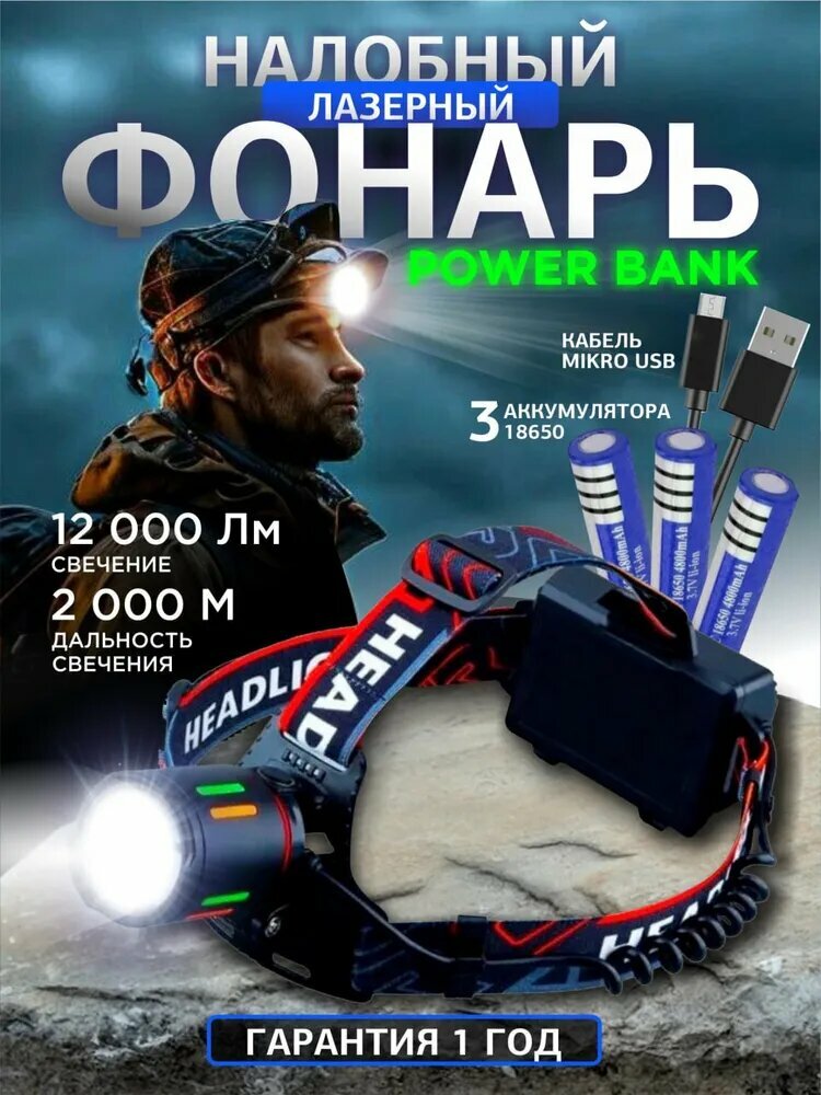 Фонарь налобный аккумуляторный . Мощный, светодиодный налобный фонарик