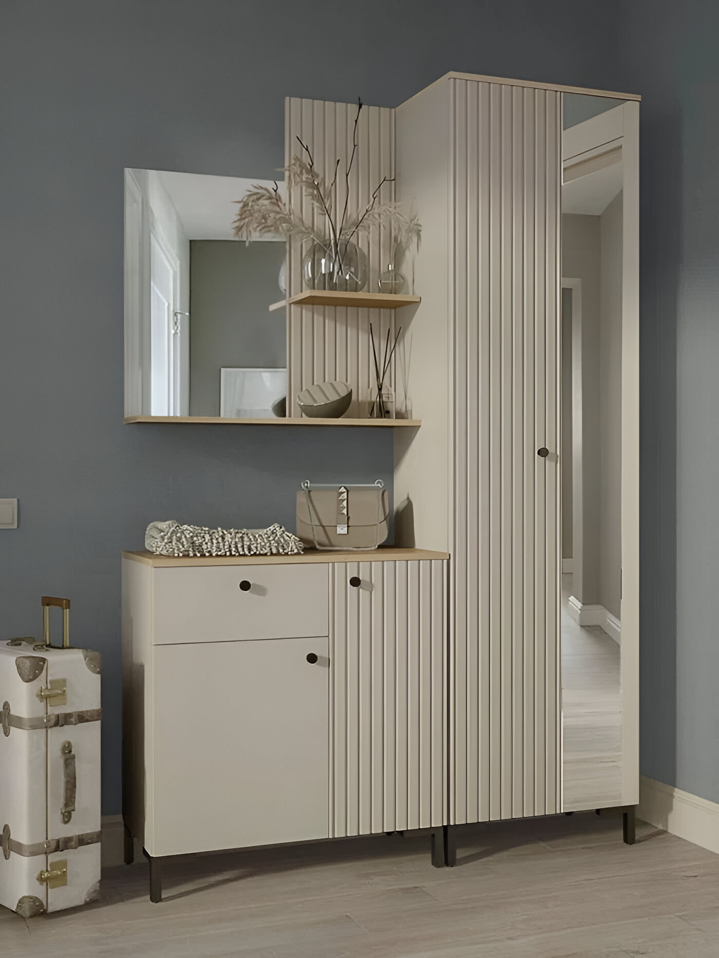 Прихожая комплект Аркана с тумбой, со шкафом, с зеркалом, 138х41.6х213.6 см, Серый кашемир / Акация