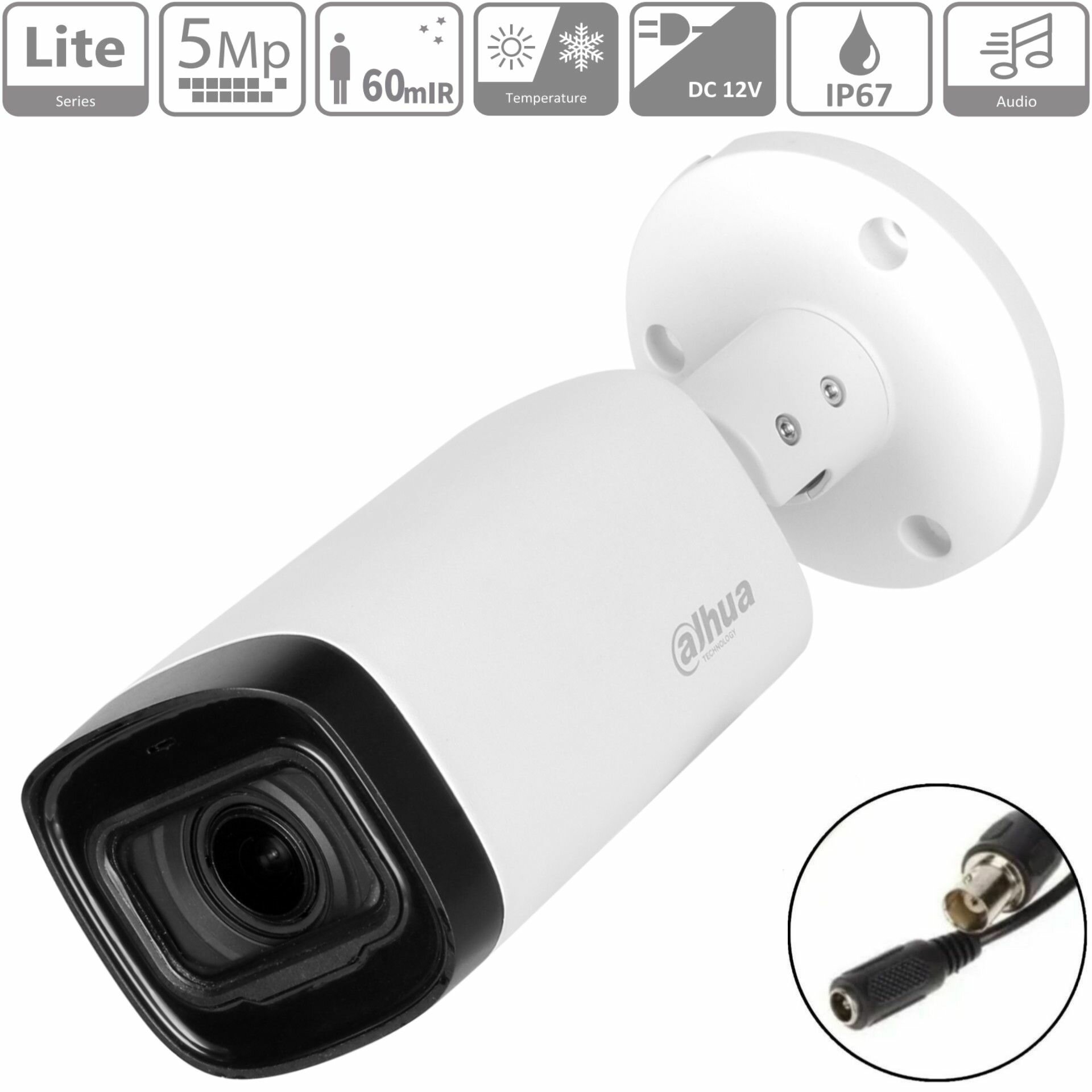 Dahua DH-HAC-HFW1500RP-Z-IRE6-A-S2 5Мп 2,7-12 мм камера видеонаблюдения HDCVI уличная, аналоговая цилиндрическая HDCVI видеокамера для улицы с ИК подсветкой, 2880x1620